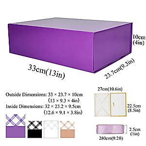 Tekhoho Purple Large Gift Box with Lid, Luxury Present Box for Gifts, Magnetic Folding Gift Boxes with Ribbon & card for Bridesmaid Proposal Wedding Birthday Gift Packaging, Plaid Lining