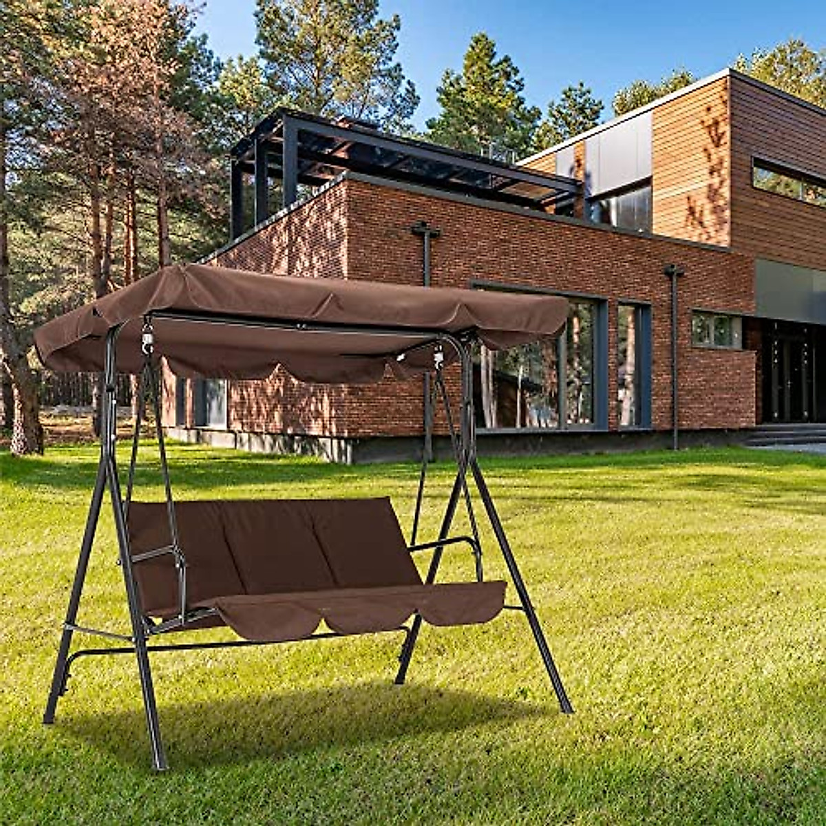 Outdoor Patio Swing Chair, 3-Seater Outdoor Adjustable Canopy Swing Glider, Weather Resistant Powder Coated Steel Frame, Suitable for Patio, Garden, Poolside, Balcony (Coffee)