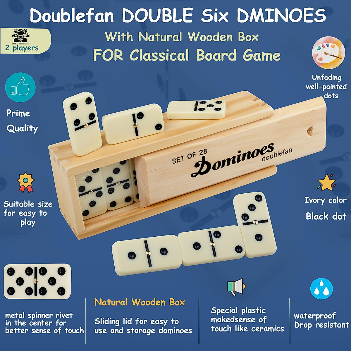 Dominoes Set for Adults, Dominoes Set Double Six, Double 6 Professional Domino Tiles with Spinner in Wooden Box,28 pcs Domino Set 28 Tiles with Natural Wooden Case