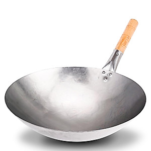 14-inch Fire Wok – Hand Hammered Carbon Steel Wok Pot – Pre-Seasoned Nonstick Round Bottom Wok for Induction, Electric, Gas Stove – Traditional Stir-Fry Pan with Ergonomic Handle With Bonus Ring