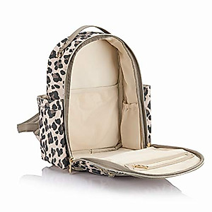 Itzy Ritzy Chic Mini Diaper Bag Backpack Made of Printed Polyester with Vegan Leather Changing Pad, 8 Total Pockets (4 Internal + 4 External), Handle & Rubber Feet, Leopard