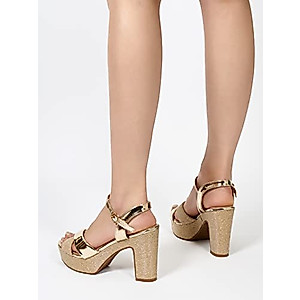 hingswink Womens Sparkly Gold Platform Dress Sandals for Women Chunky Block Heel 3.8 Inch High Heels Open Toe with Strap for Women Comfortable Sexy Dressy Prom Wedding Party Evening Shoes, gold8.5