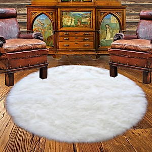 Fur Accents Plush Shag Round, Area Rug, Hide, Accent Rug, Luxury Soft Faux Fur Carpet, Hand Made USA, (3' Diameter, White)