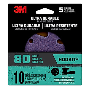 3M Ultra Durable 5 inch Power Sanding Discs, Universal Hole, 80 Grit, 10/Pack
