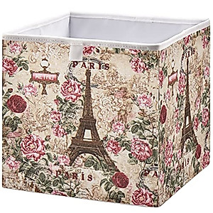visesunny Closet Baskets Vintage Design Paris Eiffel-tower Rose Storage Bins Fabric Baskets for Organizing Shelves Foldable Storage Cube Bins for Clothes, Toys, Baby Toiletry, Office Supply