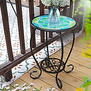 HONGLAND Mosaic Outdoor Side Table, 14" Round Patio Side Table, Mosaic Plant Stand, End Table W/Storage Shelf, Small Bistro Coffee Table for Garden Patio Porch Living Room(Green)