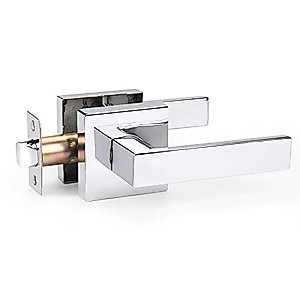 DECORITEN 5 Pack Heavy Duty Passage Door Levers Polished Chrome Interior Door Handles with Square Rosette, Straight Keyless Door Locks for Closet Hallway