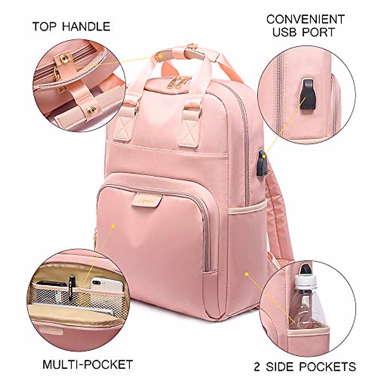 Travel Backpack for Women Men, Laptop Backpack Large Capacity Backpack for School with USB Charging Port, Work Laptop Bag Water Resistant, Waterproof Backpack Anti Theft-Pink