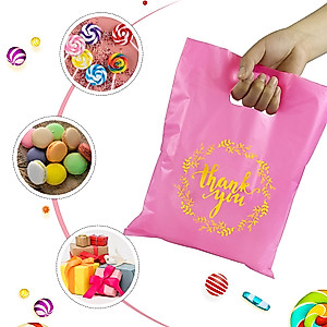 KDPATFAV 70 PCS 9" x 12" Plastic Merchandise Bags Shopping Bags with Thank You Logo Boutique Bags with Handles for Birthday Party Baby Shower Wedding Trade Shows and More (Pink)