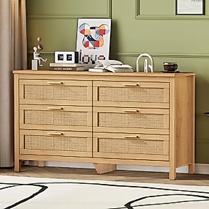 Keehusux Rattan 6 Drawer Dresser for Bedroom, Wooden Storage Chest of Drawers with Metal Handles, Double Dresser Chest for Living Room, Entryway, Natural KES002MDG
