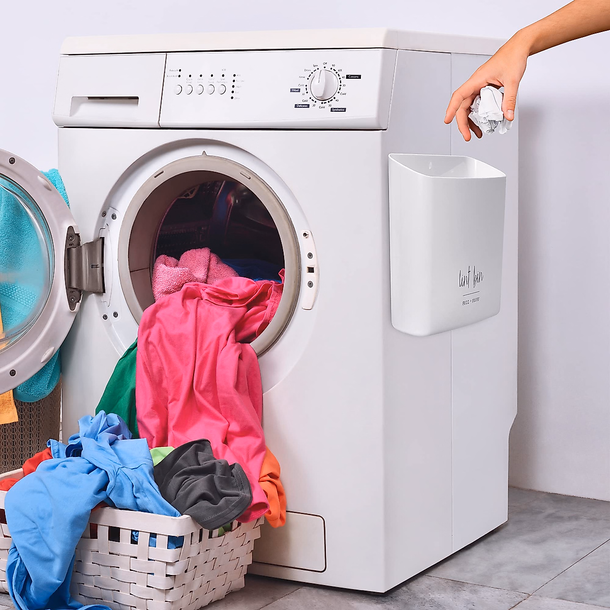 Magnetic Lint Bin for Laundry Room Organization and Storage (2 Piece Set), Waste Holder and Storage Decor, Saves Space with Magnet Mount onto Dryer or Wall Mount Options