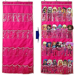 Hanging Over Door Toy Storage Organizer (24 Pockets), Compatible with Lol Omg Dolls Barbie Dolls Surprise Doll (Toys Not Included), Deeppink (57.5''x22'')