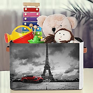 Large Collapsible Storage Bins ,Paris Eiffel Tower Car Decorative Canvas Fabric Storage Boxes Organizer with Handles，Rectangular Baskets Bin for Home Shelves Closet Nursery Gifts