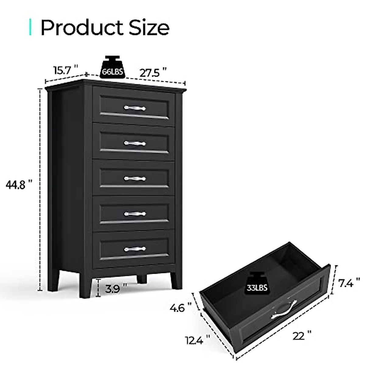LINSY HOME Black Dresser, Black Chest of Drawers for Bedroom, 5 Drawer Dresser with Metal Handles, Tall Dresser for Nursery, Entryway, and Closet Storage