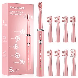 TRVLAEWOR Sonic Electric Toothbrush for Kids and Adults, UltraSonic Motor, 8 Brush Heads, 5 Modes, 3 Hours Fast Charge for 60 Days, Smart Timer, Electric Toothbrushes, Pink