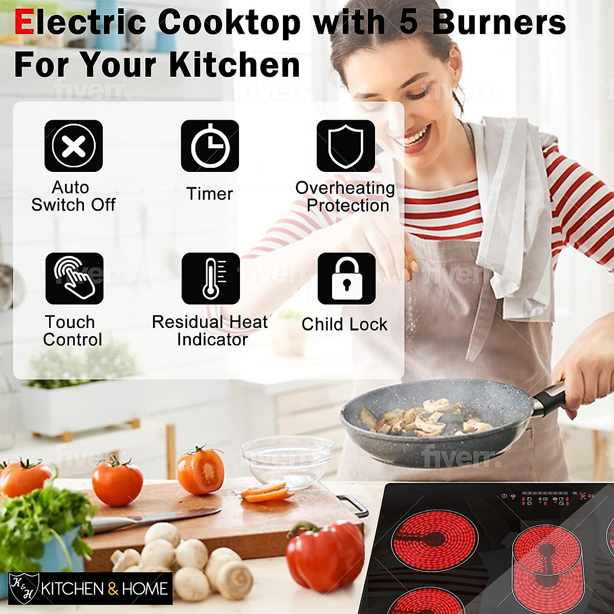 K&H 5 Burner 30 Inch Built-in Electric Stove Top Radiant Ceramic Cooktop Touch Control 240V 8600W CE30-8608