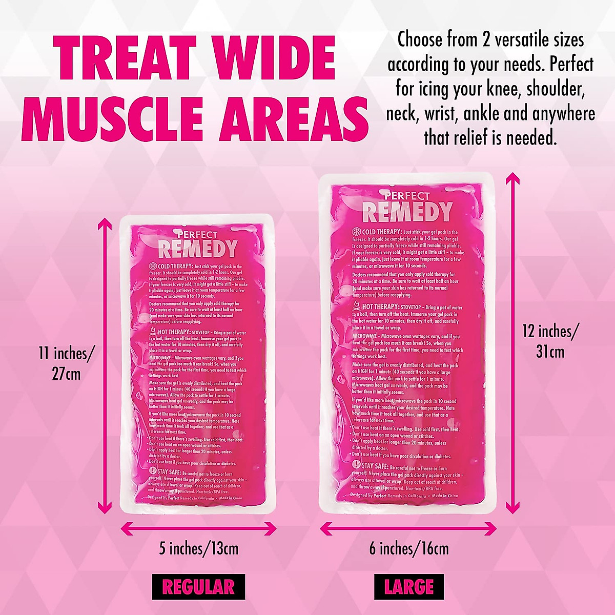 Perfect Remedy 2-Pack Gel Ice Packs for Injuries, Soft and Flexible Hot & Cold Compress, Soothing Ice Packs Aid for Sprains, Strains & Soreness conditions, Alternative to Hot Water Bottles (Pink, Reg)
