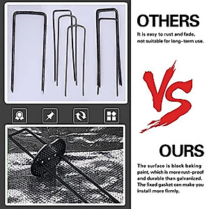 Bakulyor 50pcs Black Landscape Staples + 50pcs Buffer Washer, 6 Inch 11 Gauge Garden Stakes Staples, U Shaped Galvanized Lawn Pins Heavy Duty Yard Ground Pin for Weed Barrier Sod Fabric Decorations