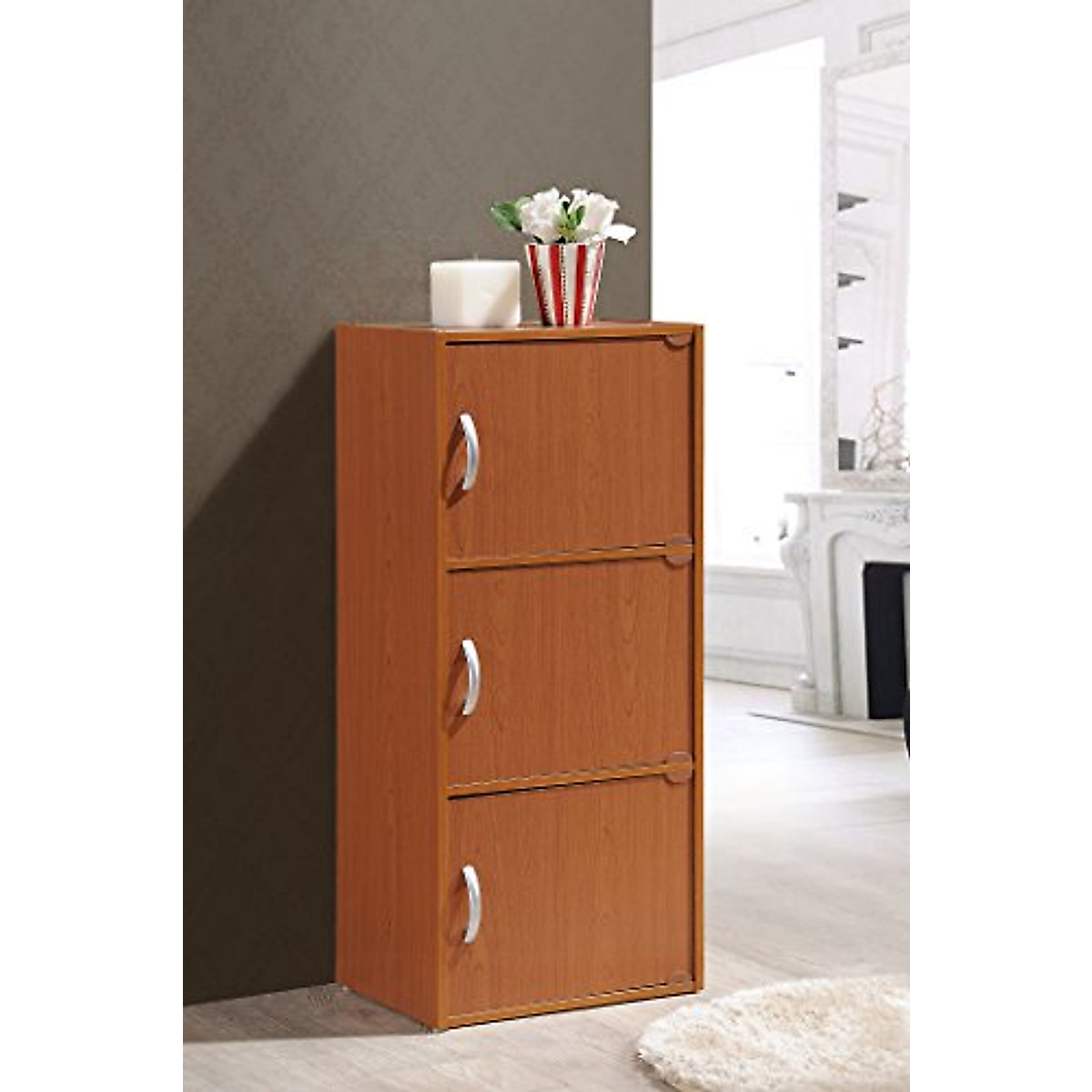 HODEDAH 3 Door Bookcase Cabinet, Cherry
