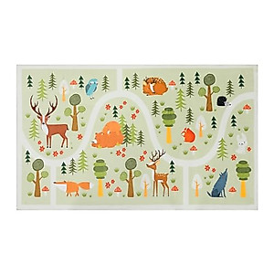 Kids Area Rug Jungle Animal Road Play Mat, with Bears Deer Fox Trees Educational Learning Game Non Slip Carpet, for Bedrooms Playroom Living Room Classroom, 3x5
