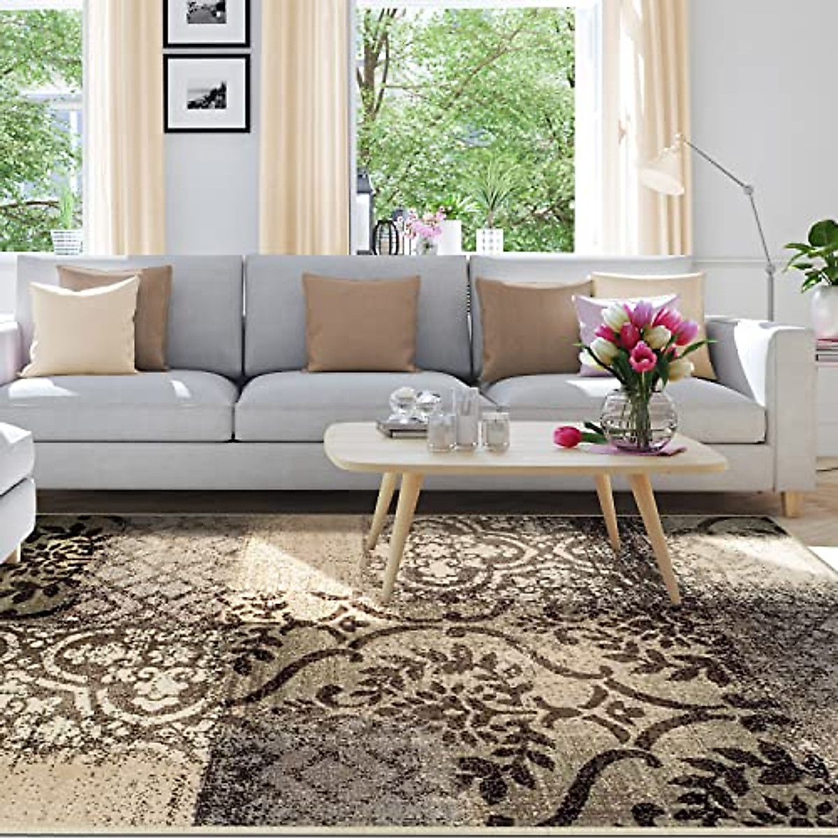 Superior Bristol Collection Area Rug, 8mm Pile Height with Jute Backing, Chic Geometric Damask Patchwork Design, Fashionable and Affordable Woven Rugs - 5' x 8' Rug, Beige & Brown