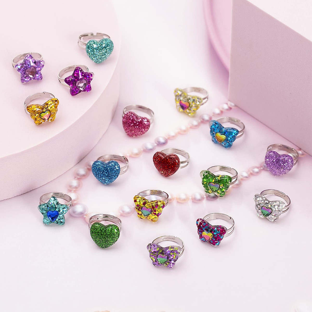 SkyWiseWin Childrens Pretend Play Jewelry Rings 30 PCS Jewelry Adjustable Ring and Festival Dress Up Flash Rhinestone Heart Rings for Kids