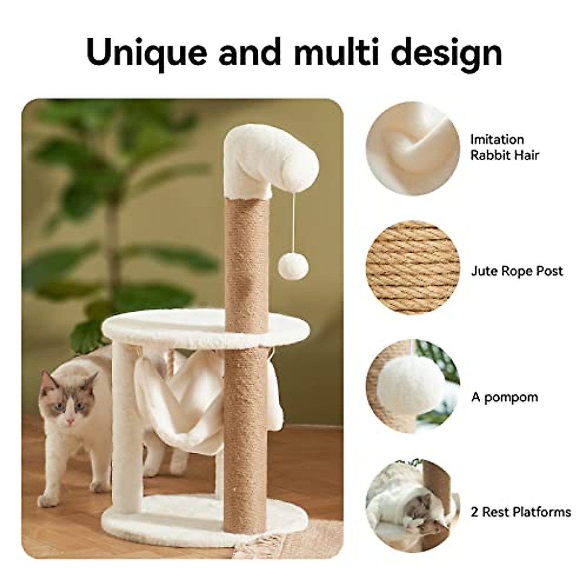 FUKUMARU Cat Scratching Post, 31.5 Inch Cat Tree with Hammock, Unique and Cute Small Horse Cat Tower with Perch for Indoor Cats