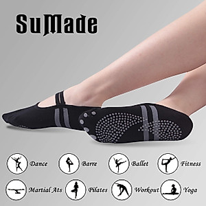 SuMade Non Skid Socks with Straps,Yoga Barre Socks for Women with Silicone Bikram Fitness Socks Gift Exercise Dance Sock 3 Pairs Black