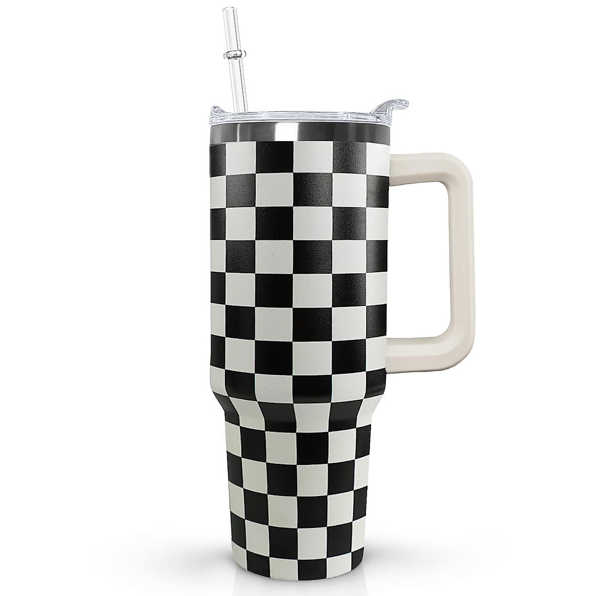 30 Oz Checkered Tumbler with Handle Lid and Straw, Checkered Tumbler Water Bottle Travel Coffee Cup Mug,Checkered Gifts for Women Men
