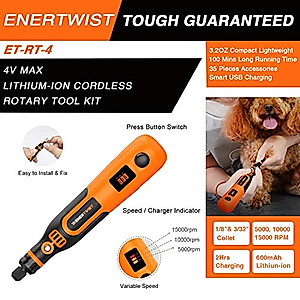 Enertwist 4V Max Cordless Rotary Tool Kit, 3-Speed Lithium-ion Battery Powered Mini Drill with 35-Pieces Accessories, USB Charging Cable, Collet Size 3/32" - Perfect for Small Light Jobs, ET-RT-4
