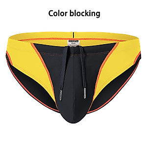 SUMABA Mens Swim Briefs with Drawstring Color Block Sexy Bikini Swimsuit Quick Dry Beach Swimwear Fashion Printed Black Yellow Swimming Suit Large Male Bathing Suit