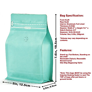 50 Count 8 Ounce Green Blue Kraft Paper Coffee Bags with Air Release Valve, High Barrier Coffee Pouches for Home, Store, Flat Bottom (50pcs/8oz, 0.5lb, 250g)