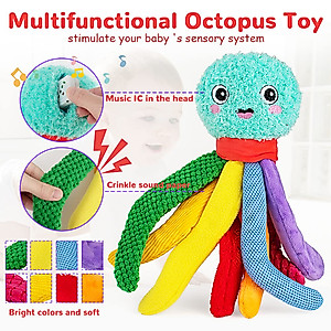 beetoy Infant Toy Baby Plush Toys, Baby Musical Toy with Octopus Shape, Stuffed Animal for Girl boys Infant, Sensory Toys for Babies Soft Toys with Crinkle & Textures, Tummy Time Toys