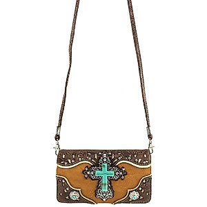 Justin West Western Tooled Laser Cut Turquoise Rhinestone Silver Cross Studded Shoulder Tote Handbag Purse (Tan Wallet)
