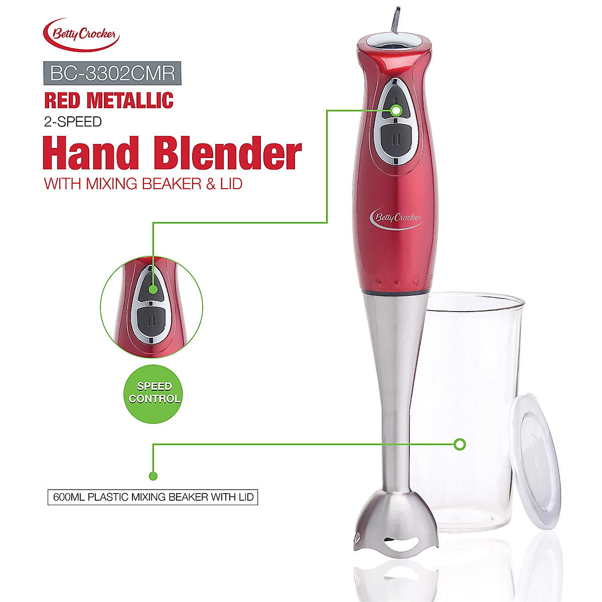 Betty Crocker WACBC3302CMR Hand Blender with Mixing Beaker and Lid, One Size, Red