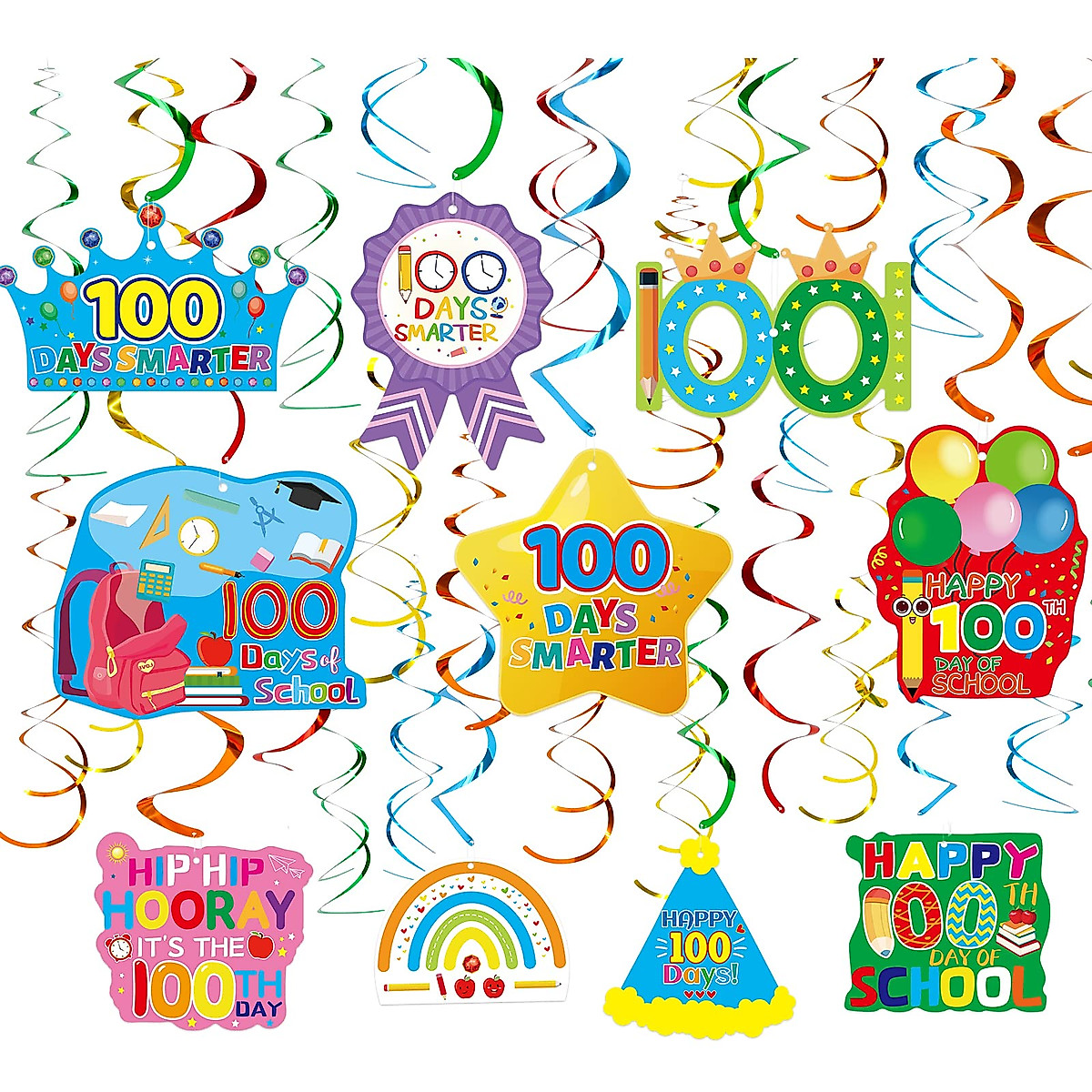 100 Days of School Hanging Swirls Happy 100 Days of Kindergarten School Foil Swirls Ceiling Hanging Decorations for Kids 30Pcs