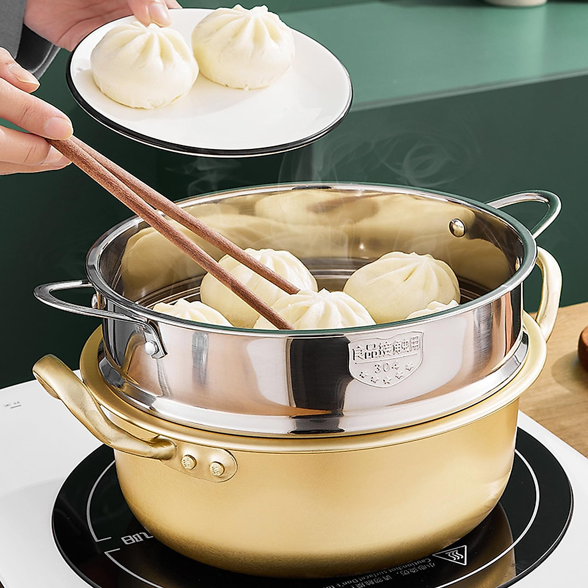 BinaryABC Stainless Steel Steamer Dumpling Steamer Food Steamer Basket Veggie Steamer Basket Rice Noodle Roll Steamer Insert Pot,20cm