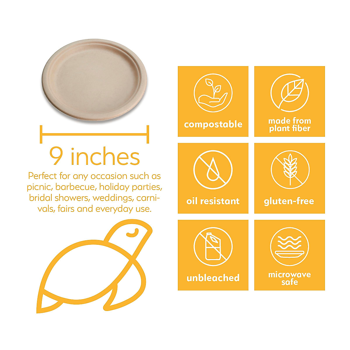 100% Compostable Disposable Paper Plates Bulk [9" 50 Pack], Bamboo Plates, Eco Friendly, Biodegradable, Sturdy Large Dinner Party Plates, Heavy-Duty, Unbleached by Earth's Natural Alternative