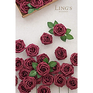 Ling's Moment Artificial Flowers 25Pcs Burgundy Roses Decor w/Stems,3" Real Touch DIY Foam Floral for Wedding Bouquet/Centerpieces, Outdoors Party Backdrop, Room/Table, and Garden/Pot Decorations