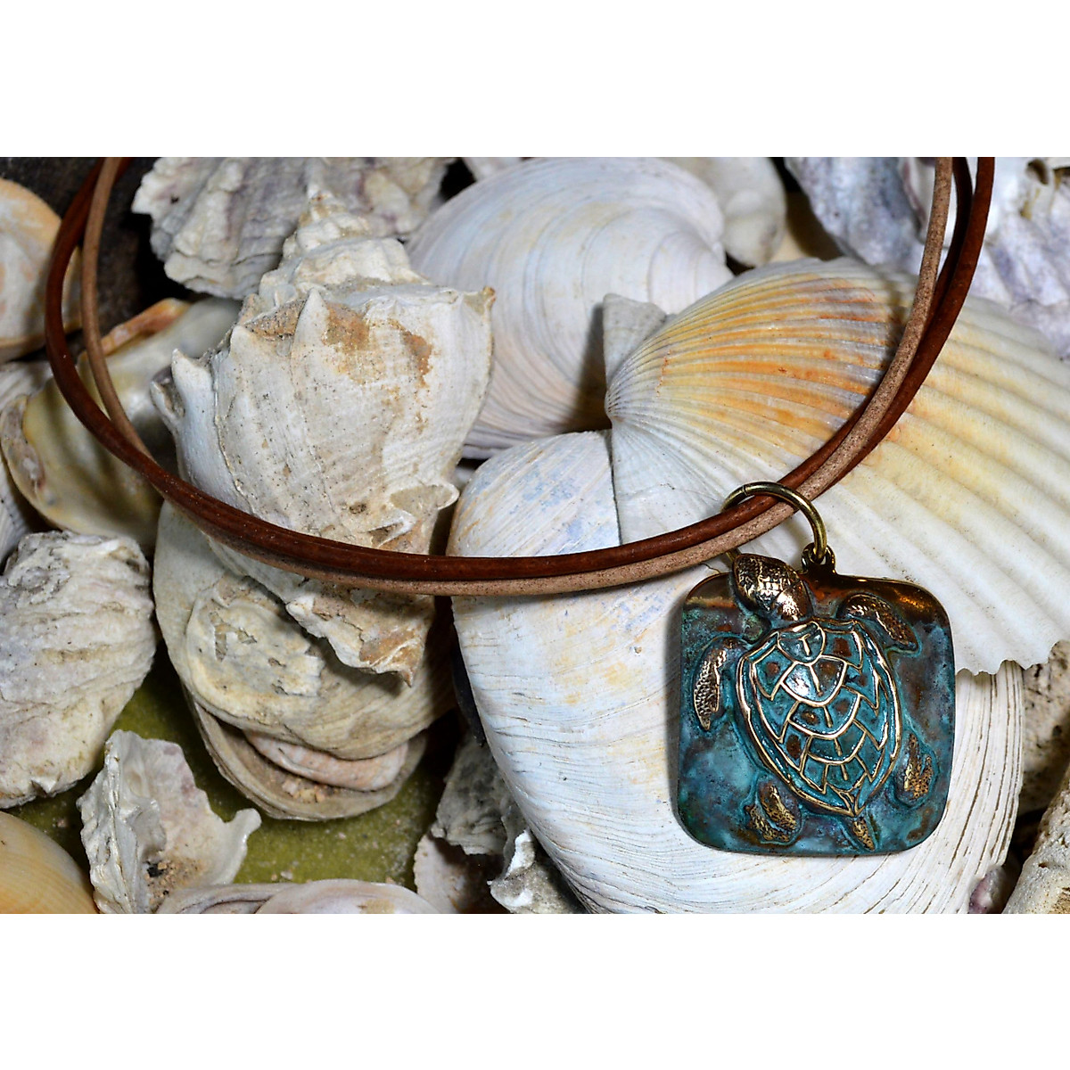 Elaine Coyne Collectible Artwear Verdigris Patina Solid Brass Large Sea Turtle Pendant on Triple Rawhide - USA Made