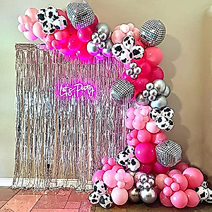 Cowgirl Pink Balloons Arch Garland Kit, Hot Pink Silver Cow Print Farm Animal Balloons for Bachelorette Party, 80s 90s Disco Party Birthday Baby Shower Bridal Shower Wedding Supplies (Hot pink silver)