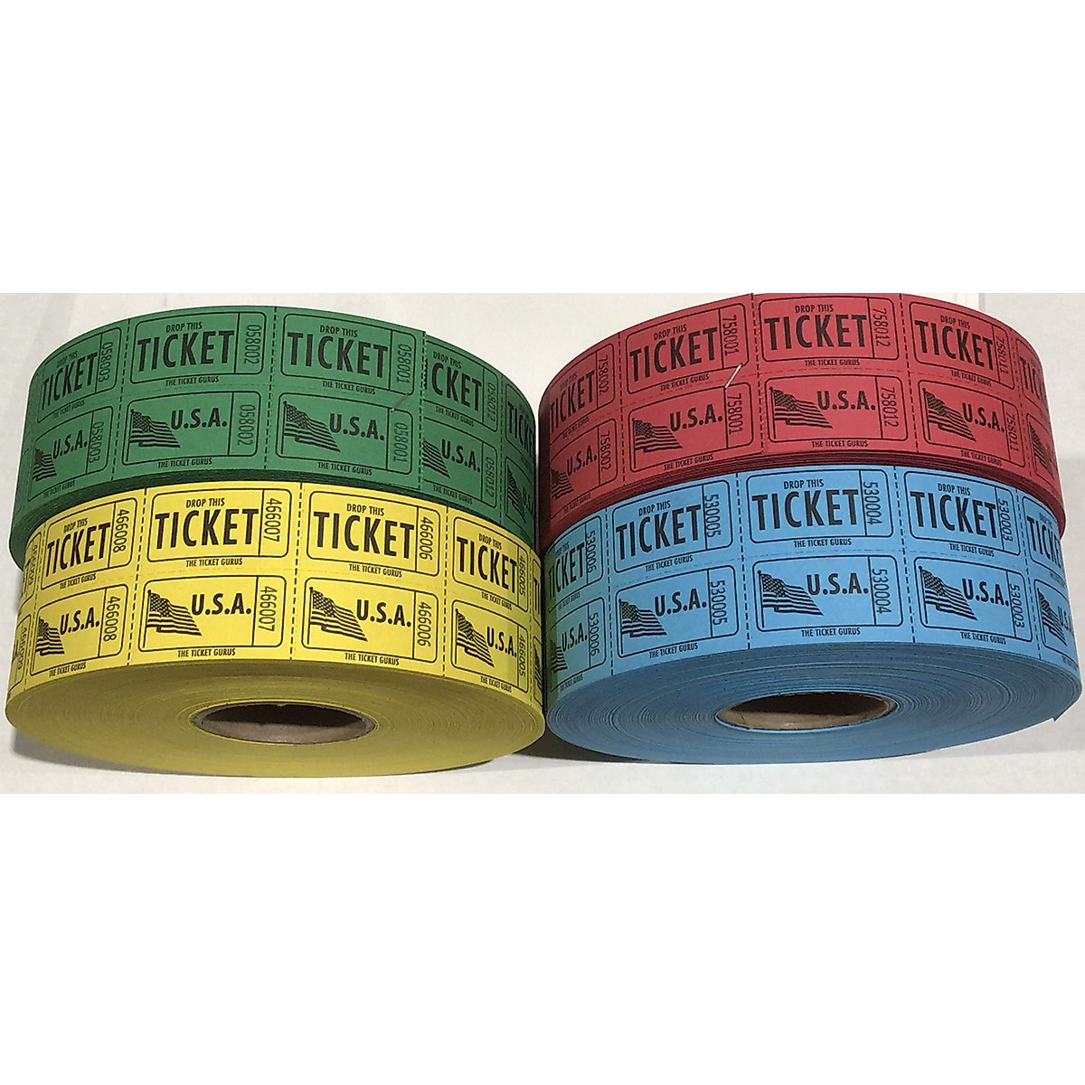 The Ticket Guru-Raffle Tickets - (4 Rolls of 2000 Double Tickets) 8,000 Total 50/50 Raffle Tickets "USA Flag" Design (RED/Blue/Yellow/Green)