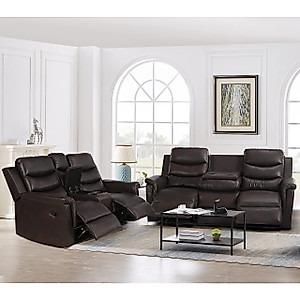 2 Pieces Faxu Leather Recliner Sofa Set, 3 Seater Manual Reclining Sofa & Loveseat with Storage Console & 4 Cup Holders and Footrest, Sectional Couch Home Theater Seating RV Furniture