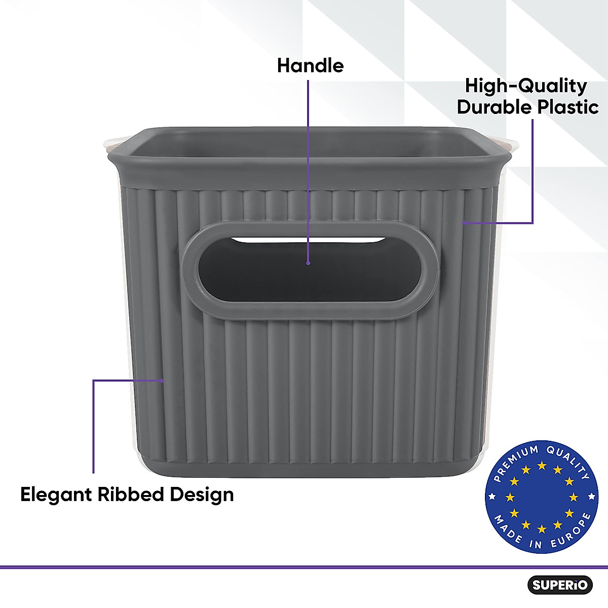 Superio Ribbed Collection - Decorative Plastic Open Home Storage Bins Organizer Baskets, Small Grey (1 Pack) Container Boxes for Organizing Closet Shelves Drawer Shelf 1.5 Liter