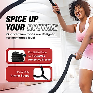 Pro Battle Ropes with Anchor Strap Kit and Exercise Poster – Upgraded Durable Protective Sleeve – 100% Poly Dacron Heavy Battle Rope for Strength Training, Cardio Fitness, CrossFit Rope (1.5” x 30 ft)