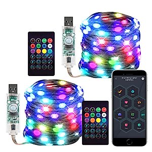 Smart Fairy String Lights 2 Pack WS2812B 33FT USB Bluetooth Twinkle with Timer and Remote, Music Sync Funny Modes Color Chasing Lights for Bedroom Curtain Christmas Wedding Party Decor IP65