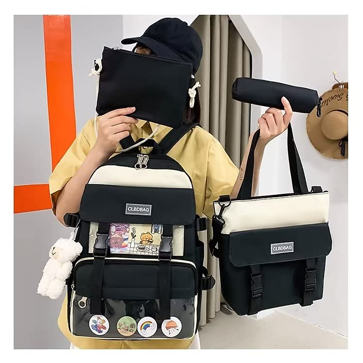MOJIDUO Kawaii Backpack 4Pcs Set with cute plush Pendants & Badge,High capacity School Bag Cute Aesthetic Backpack