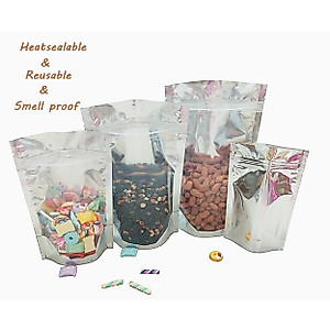 Couga Mall 100 PCS Airtight Zipper Stand Up Pouch Bag, Reusable Packing Storage Package Bag with Clear Front Aluminum Foil Back for Storing Snacks, Beans, Seeds & Food (5.5"7.9")