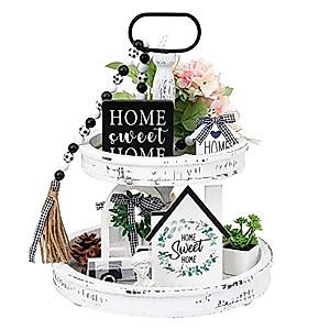 HOLICOLOR Two Tiered Tray with 5pcs Wooden Signs, Christmas Tiered Tray Decor Farmhouse Decor White Rustic Modern Home Decorative Trays Wood Tray for Home Kitchen Cakes Dessert Fruit