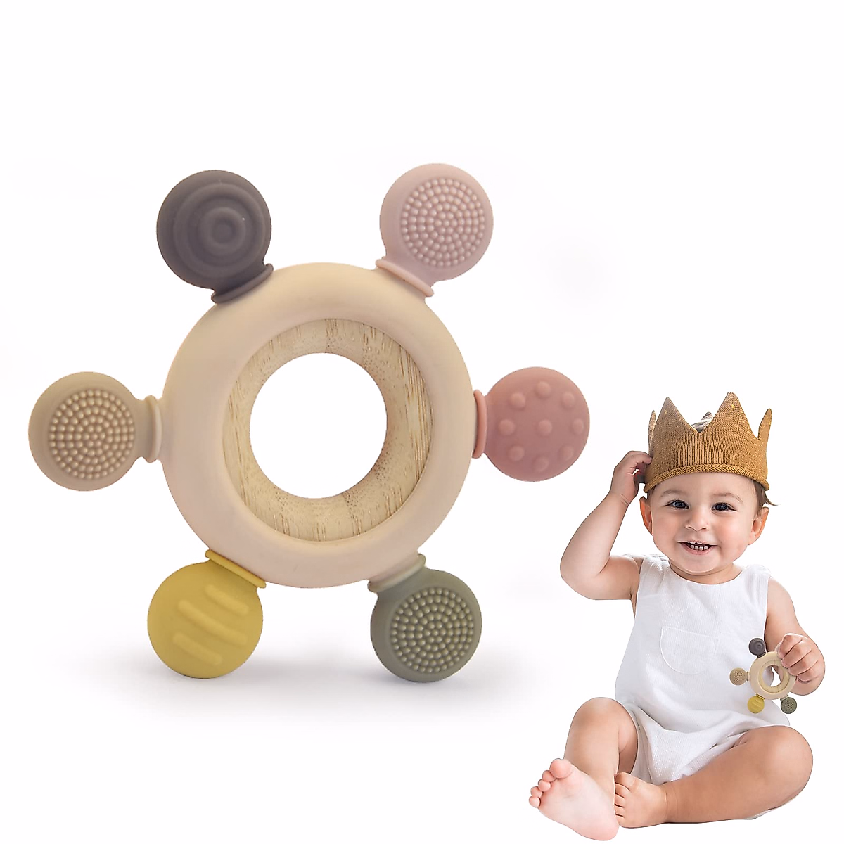 Baby Teething Toys Silicone Chewable Teethers BPA Free Silicone Rudder with Removable Wooden Ring for Soothing Babies Gums Teethers for Babies 0-24 Months (Beige,6 Directions)